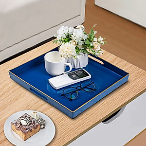MAONAME Decorative Tray, Royal Blue Serving Tray with Handles, Coffee Table Tray, Square Plastic Tray for Ottoman, Bathroom, Kitchen, 13"x13"x1.57"