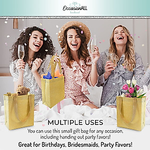 Gold Gift Bags - 12 Pack Medium Reusable Gift Bag Tote with Handles, Holographic Glitter Design, Eco Friendly for Christmas & Holiday Gifts, Birthday, Wedding & Party Favors, in Bulk - 8x4x10