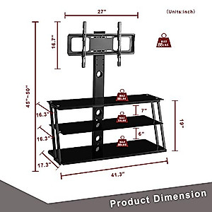 Swivel Floor TV Stand Height Adjustable Bracket Entertainment Stand for 32 to 65 inch TV | 3-Tier BlackTempered Glass Multi-Function TV Stand (New Black)