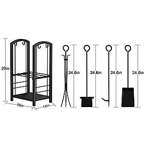 Fire Beauty Fireplace Firewood Log Rack 5-Piece Storage Logs Holder with Tools Set with 4 Tools Set Fireside Holders Wood Lumber Storage Stacking Black