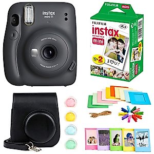 Fujifilm Instax Mini 11 Instant Camera + Instax Mini Twin Pack Film + Hanging Frames + Plastic Frames + Case + Close Up Filters - All Inclusive Bundle! (Charcoal Grey)