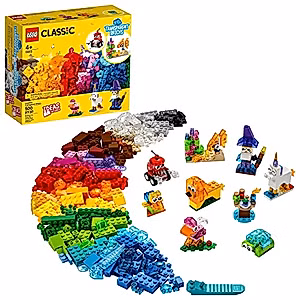 LEGO Classic Creative Transparent Bricks Building Set 11013 for Girls and Boys, STEM Toy and Preschool Hands-On Learning Toy, Includes Wizard, Unicorn, Lion, Bird, and Turtle