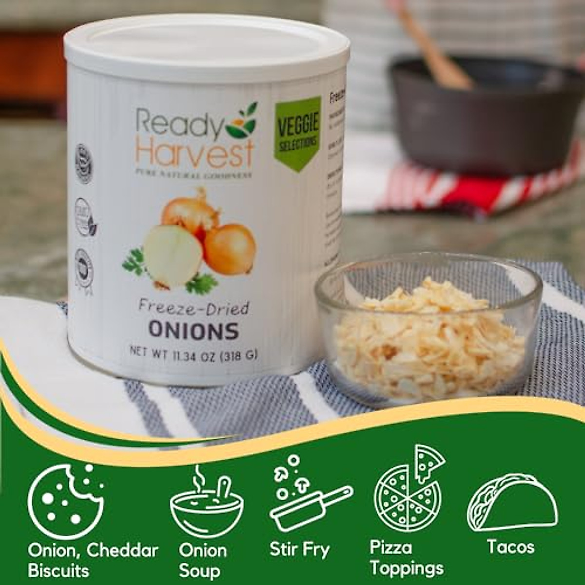 Ready Harvest Freeze-Dried Yellow Onions Freeze-Dried Food Dried Onions Minced Emergency Food Supplies Survival Food Emergency Food Rations #10 Can 25-Year Shelf Life 11.34 oz