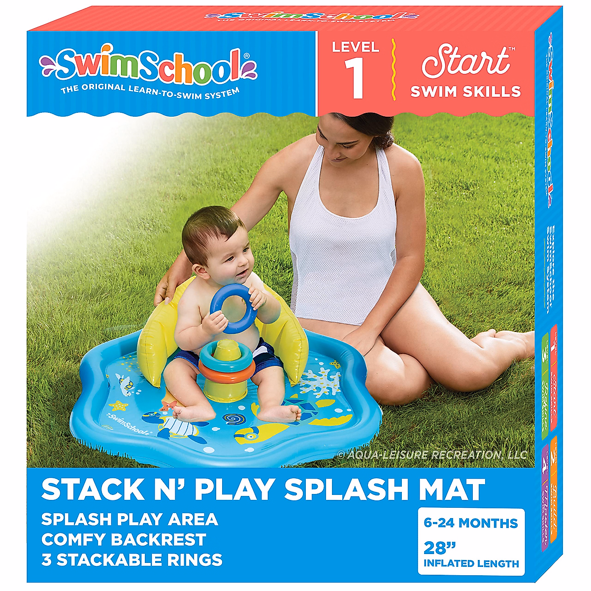 SwimSchool Baby Splash Play Mat – Inflatable Play Pool for Babies & Infants with Backrest – Includes Baby Water Toy Rings– Seafoam Blue Lemon