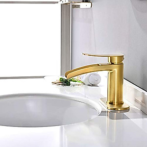 Phiestina Single Handle Waterfall Faucet for Bathroom Sink in Brushed Gold Finish, with 4-Inch Deck Plate,Metal Pop Up Drain Assembly & CUPC Water Supply Lines,NS-SF01-BG