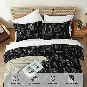 Maple&Stone Queen Floral Comforter Set, Black Bedding Set 3pcs Soft and Durable Microfiber with Elegant Plant Flowers Print Bedding Comforter Sets - Includes 2 Pillowcases