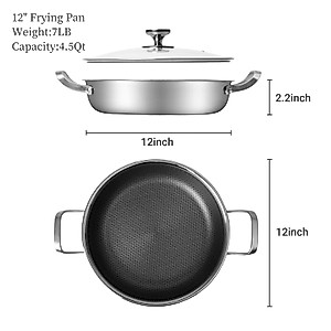 12 inch Stainless Steel Frying Pan 4.5 QT Saute Pan Non-stick Omelette Pan Skillet Frying Pan with Cooling Handle and Glass Lid for Induction, Gas, Ceramic and Electric Stovetops