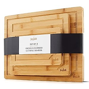 JoyJolt Bamboo Cutting Board Set, Wooden Cutting Boards for Kitchen. Large and Small Wooden Cutting Board Set; Serving Cheese Board, Bread Board or Chopping Board Set. Non Slip Wood Cutting Board Set