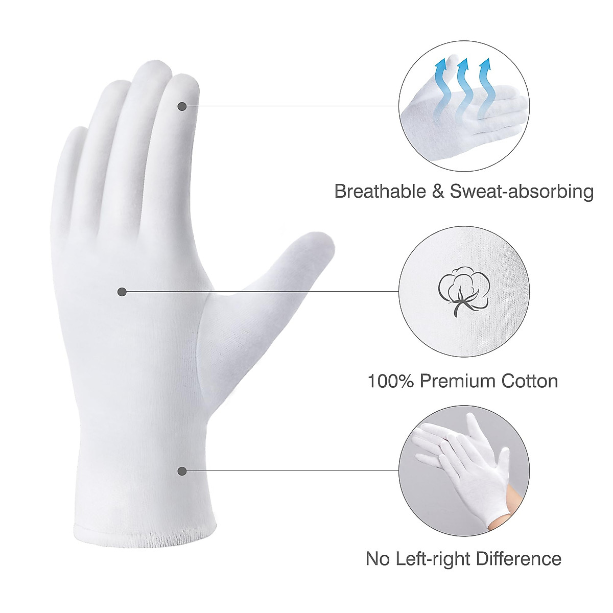 COOLJOB 100% Cotton Gloves, 6 Pairs White Cotton Gloves for Dry Hands Moisturizing & Eczema, Overnight Lotion, Sleep & Spa Treatment for Women & Men, Breathable Work Glove Liners, Medium Size
