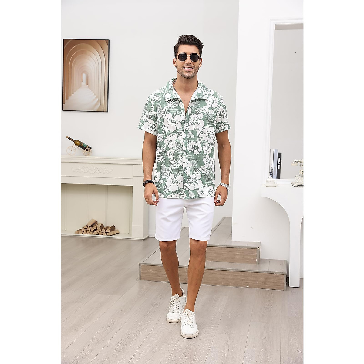 Men's Novelty Hawaiian Floral Shirt Summer Casual Button Down Tropical Holiday Beach Shirts Green