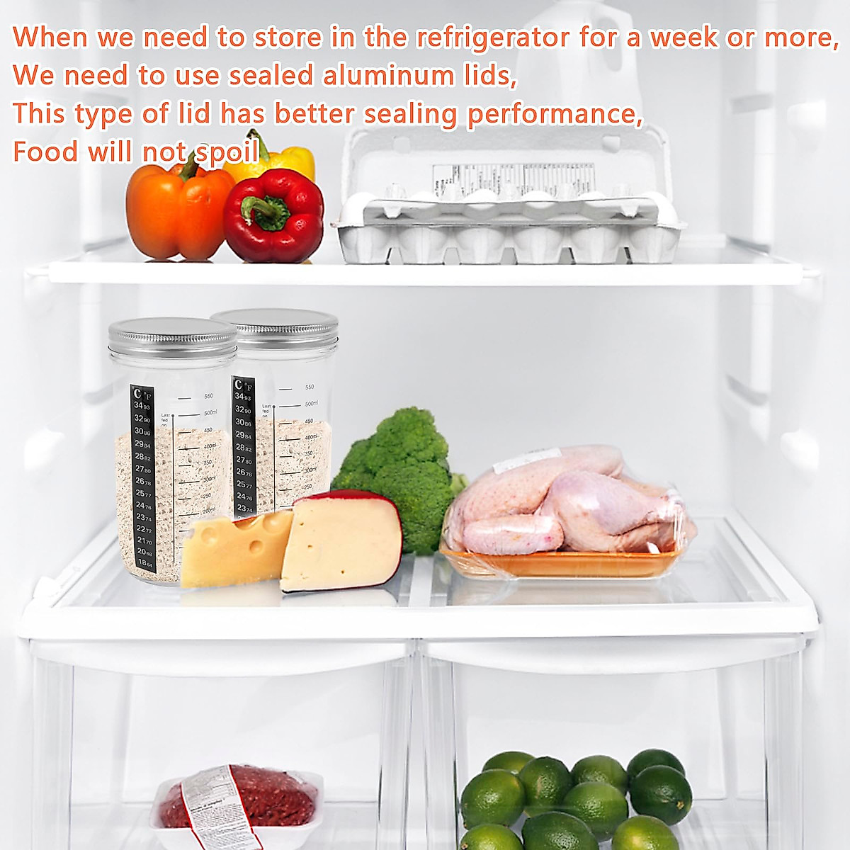 Sourdough Starter Jar, Aluminium Lid Sourdough Starter Container Clear Glass Sourdough Fermentation Jar 730ml with Cloth Cover Spatula Elastic Band Thermometer Strip Labels Pen for Bread Baking