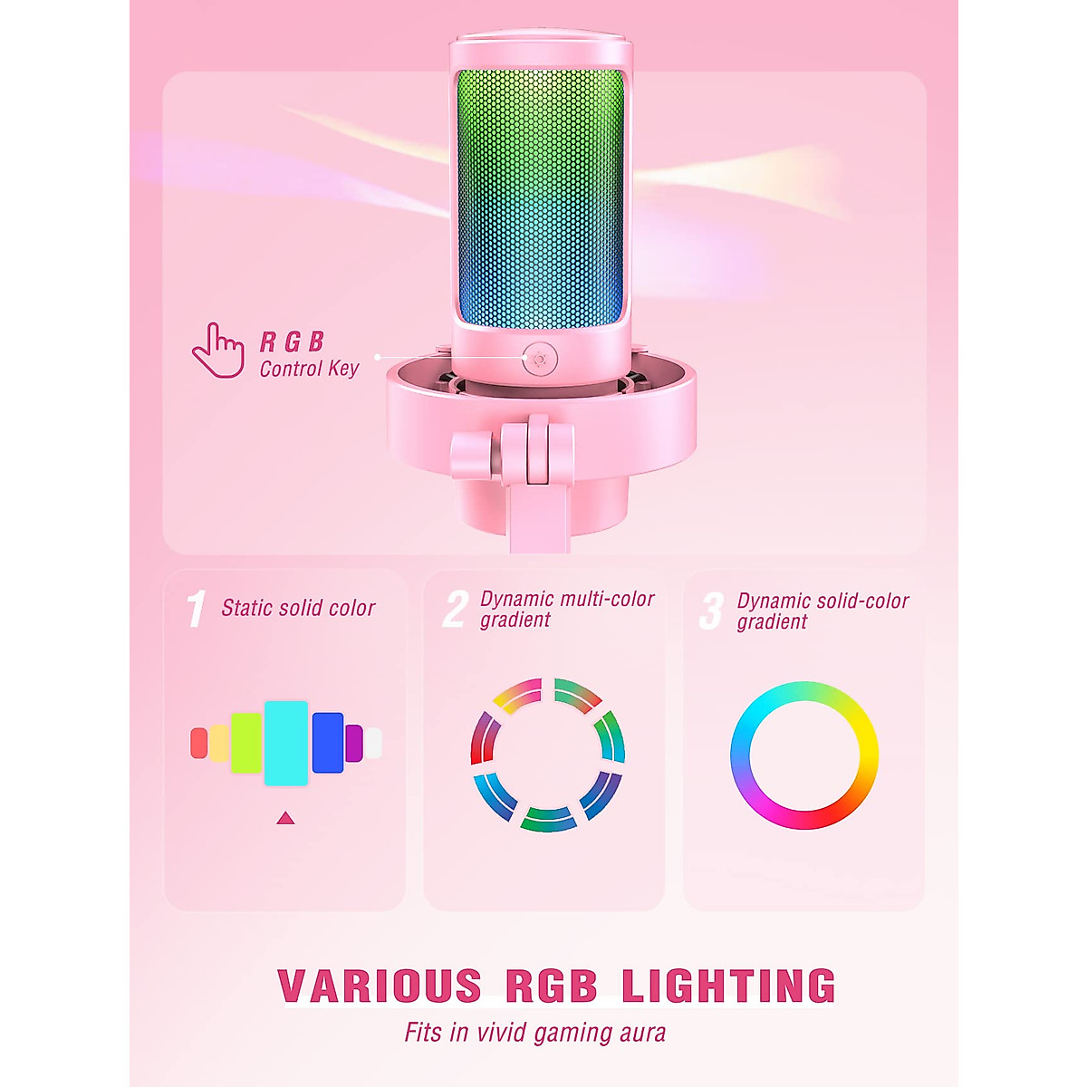 FIFINE USB Streaming Gaming Microphone, PC Condenser Desktop Mic for Video, Home use, YouTube, with RGB Control, Gain Knob, 3.5mm Headphone Jack, Shock Mount, on Computer/PS5-AmpliGame A8 Pink