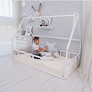 BUSYWOOD House Floor Bed For Kids - Montessori Bed for Toddlers - Wood Kids Bedroom Furniture - Cozy Toddler Bed with Rails - Twin Loft Beds for Kids (Model 1 Mini Floor with Fence, FOR SLEEPING ONLY)