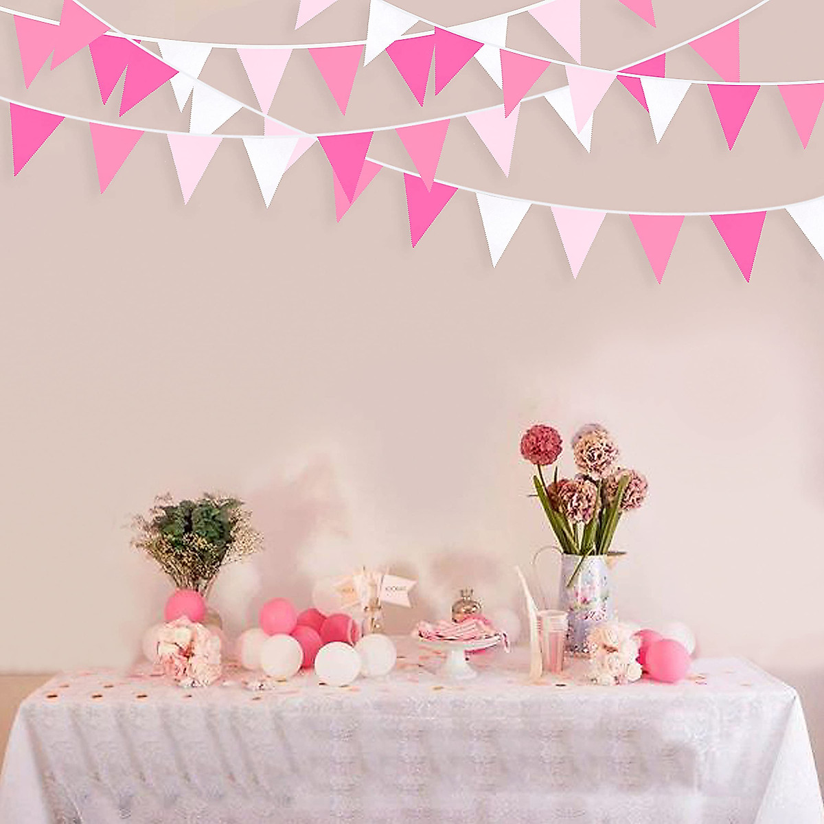 32Ft Rose Hot Pink Pennant Banner Fabric Triangle Flag Cotton Bunting Garland Kit for Wedding Birthday Baby Shower Anniversary Party Home Nursery Outdoor Garden Hanging Festivals Decoration (36Pcs)