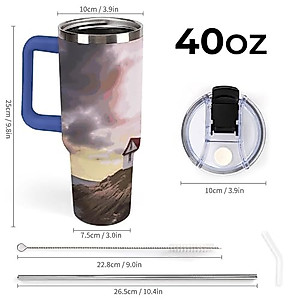 LLUTSNTH 40 Oz Vacuum Tumbler with Deep Blue Handle Leakproof Insulated Tumbler Lighthouse Stainless Steel Travel Mug with Lid And Straw Coffee Cup Cute Water Bottles Cup Holder Friendly
