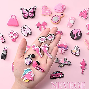 NEVEGE Pink Shoe Charms for Girls Cute Shoe Charms for Adults Teens Kids Pink PVC Shoe Decoration Charms with Buttons for Clog Sandals Birthday Party Gift 30-35PCS