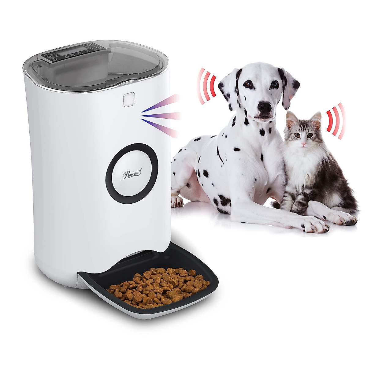 Rosewill Automatic Pet Feeder Food Dispenser for Cat or Dog, Up to 6.5 lbs of Dry Food with Alarm, Portion Control & Voice Recorder, Programmable, USB & Battery Powered, White - (RPPF-21001)