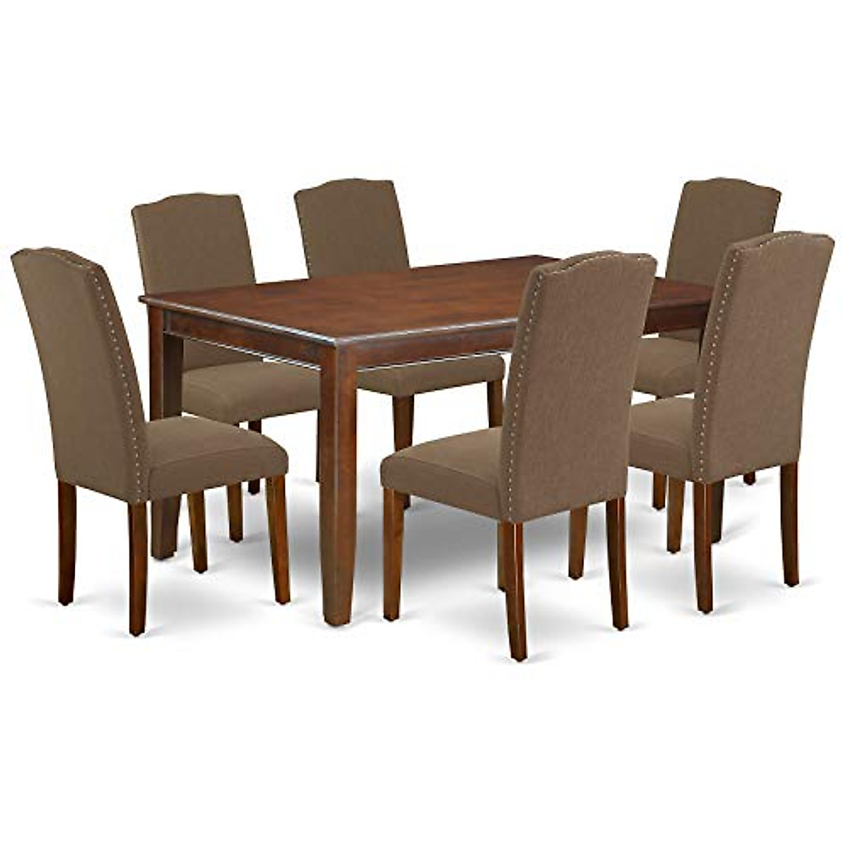 East West Furniture Dudley 7 Piece Set Consist of a Rectangle Dining Room Table and 6 Dark Coffee Linen Fabric Upholstered Parson Chairs, 36x60 Inch, Mahogany