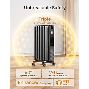 Dreo Oil Filled Radiator, Electric Radiant Heaters for indoor use Large Room with Remote Control, Child Lock, 4 Modes, Overheat & Tip-Over Protection, 24h Timer, Digital Thermostat, Quiet, 1500W