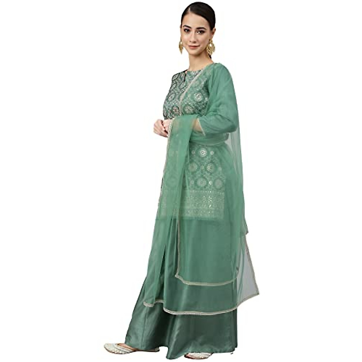 Janasya Indian Women's Mint Green Chinon Foil Print Kurta with Flared Palazzo and Dupatta(SET530-KR-PP-A-XXL)