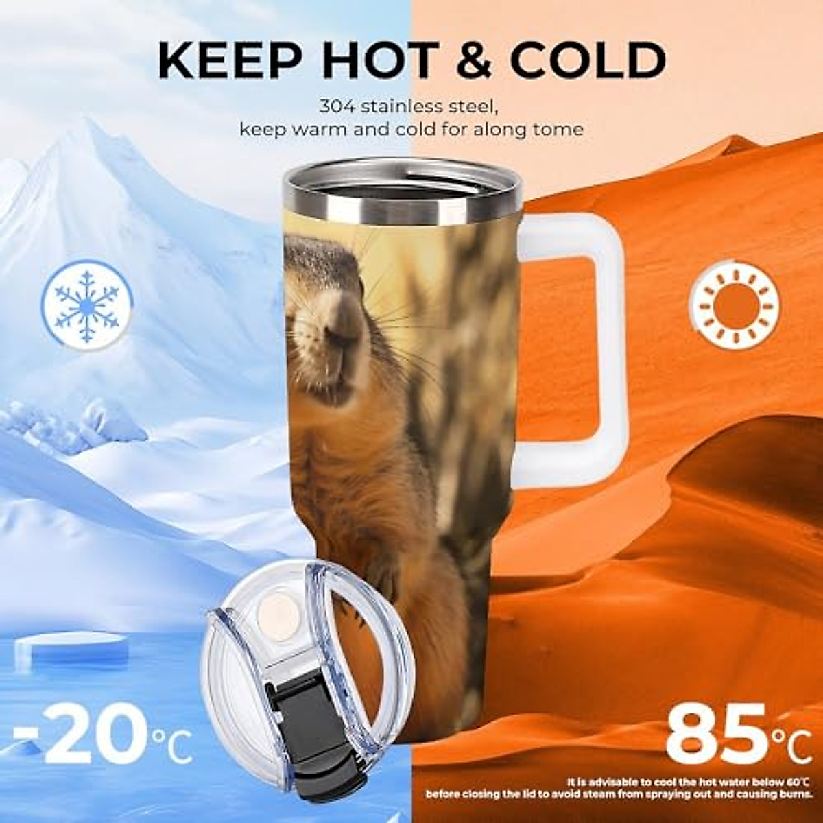 JTKBNVM Hand Drawn Groundhog Car Tumbler Travel Coffee Mug 40 Oz Tumbler with Handle And Straw Lid Large Insulated Mug Stainless Steel Water Bottle Large Capacity Car Cup