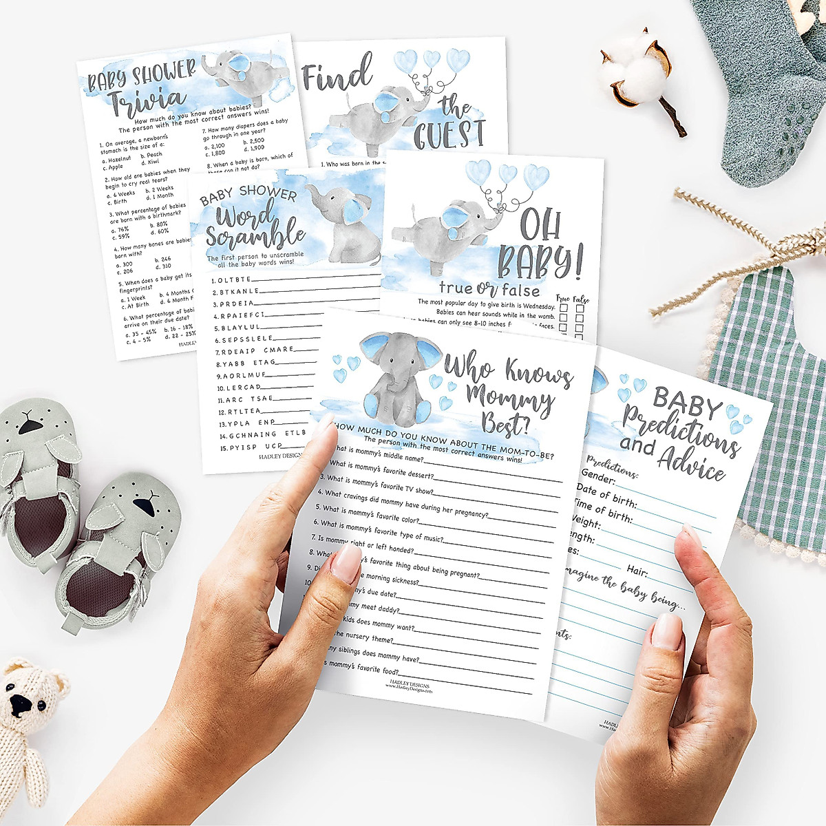 25 Elephant Who Knows Mommy Best, Baby Prediction And Advice Cards, 25 Word Scramble For Baby Shower, True Or False, 25 Trivia Baby Shower Game, Find The Guest - 6 Double Sided Cards Baby Shower Ideas