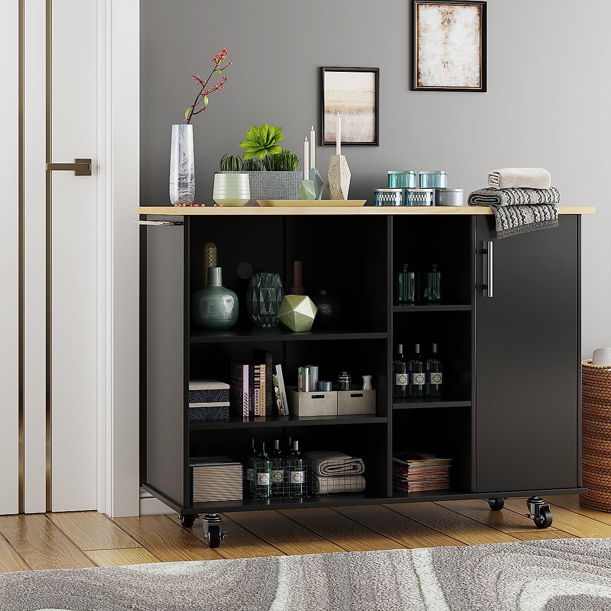 QAQA 48" Kitchen Island Cart Furniture cart on Wheels with Storage，Rolling Portable Dining Room Serving Utility Carts Mobile Movable with Drawers Cabinet,Black