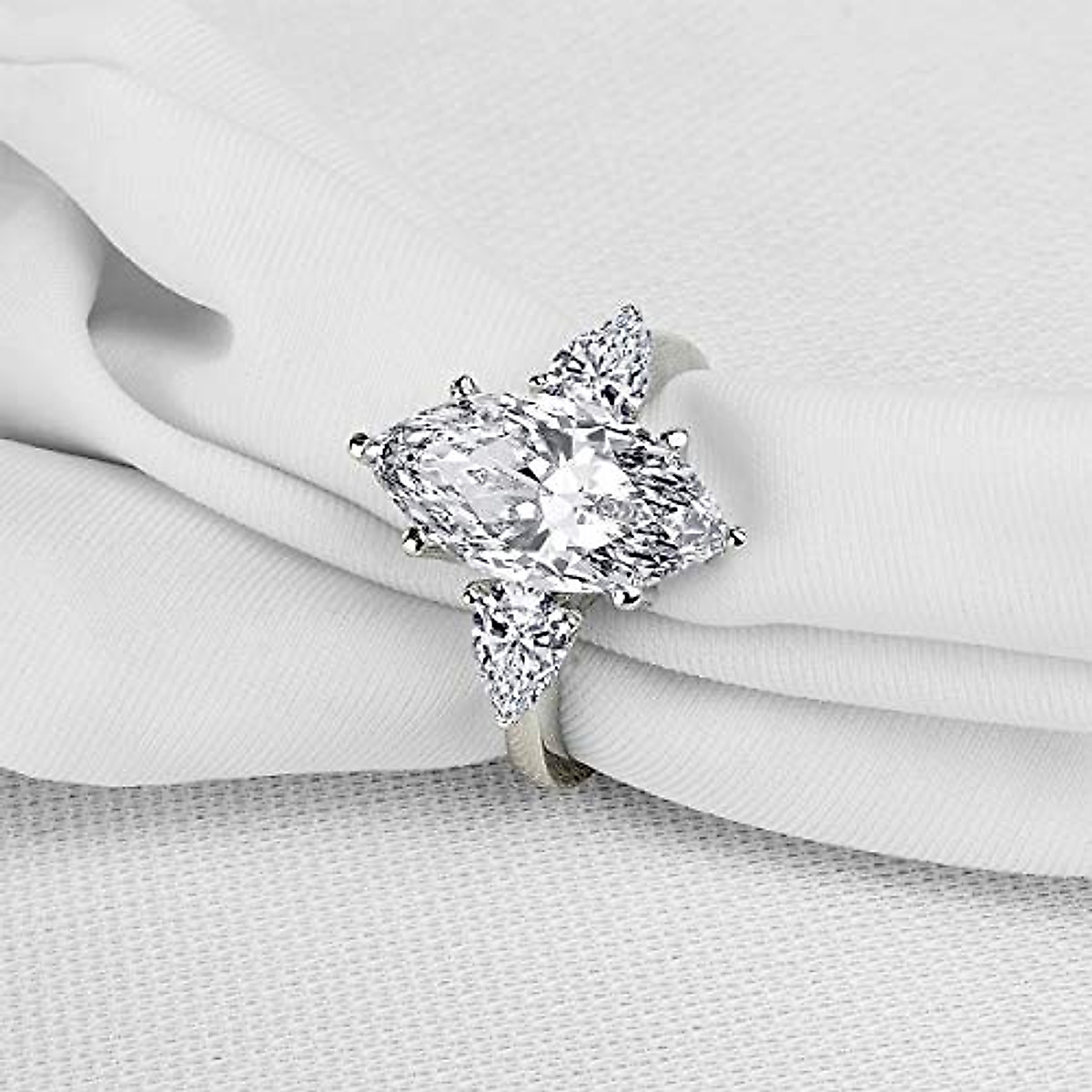AINUOSHI Rhodium Plated 925 Sterling Silver Marquise Solitaire Cubic Zirconia CZ 3-Stone Anniversary Engagement Wedding Ring (6.5)