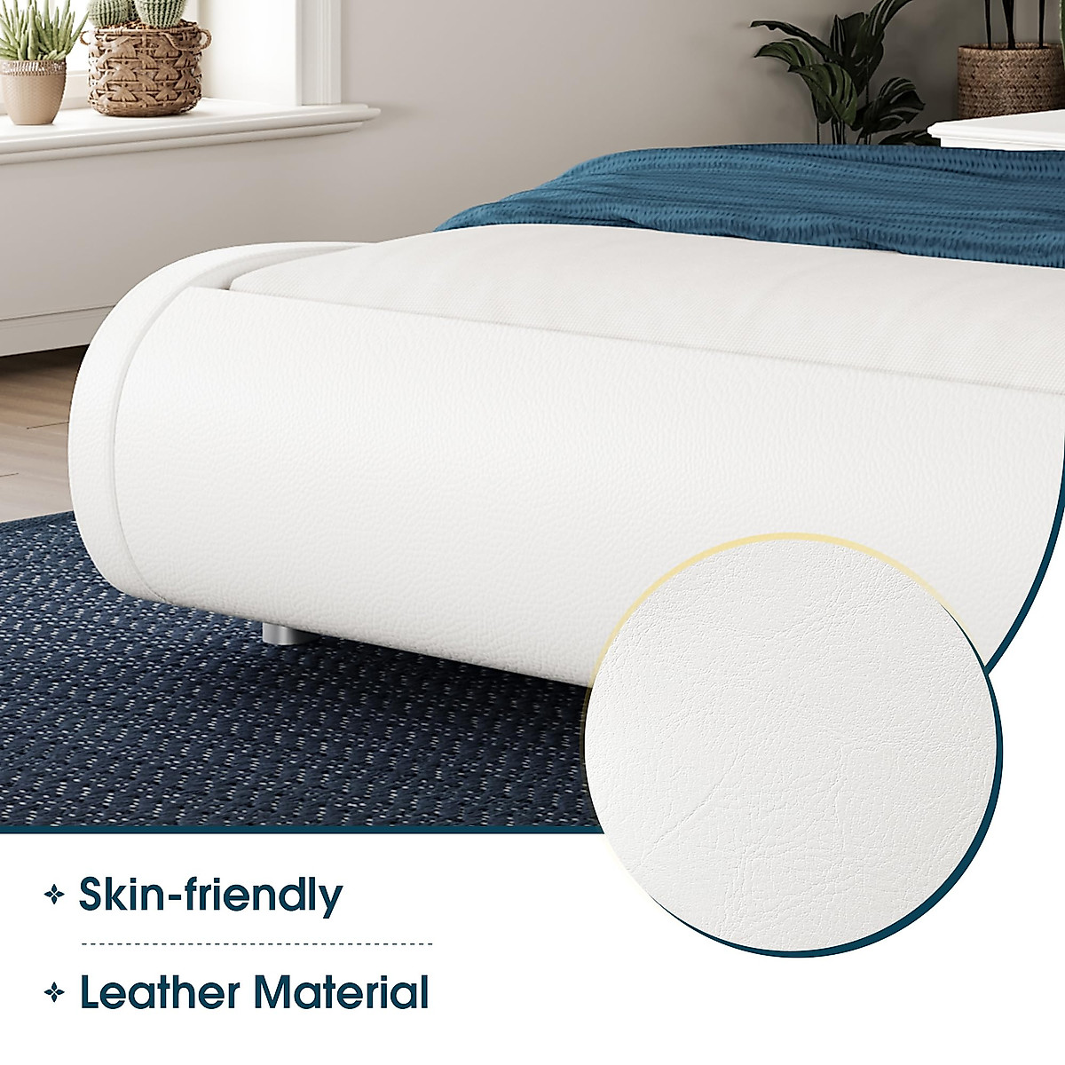 WEEWAY Modern Queen Size Upholstered Platform Bed Frame, Faux Leather Sleigh Bed with Adjustable Headboard, Strong Wood Slats Support, No Box Spring Needed, White