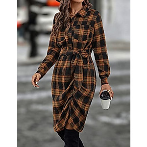 Blooming Jelly Womens Plaid Dresses Flannel Ladies Dresses Casual Tunic Dress Shirt Button Down Dress with Belt(Medium,Brown)