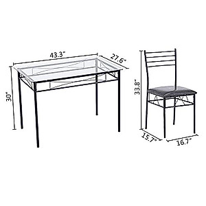 SSLine 5-Piece Glass Dining Table Set with 4 Chairs Small Space Kitchen Table Modern Simple Dining Room Dinette Sets w/1 Tempered Glass Top/Metal Frame Table and 4 Leather Cushion Seat Dining Chairs