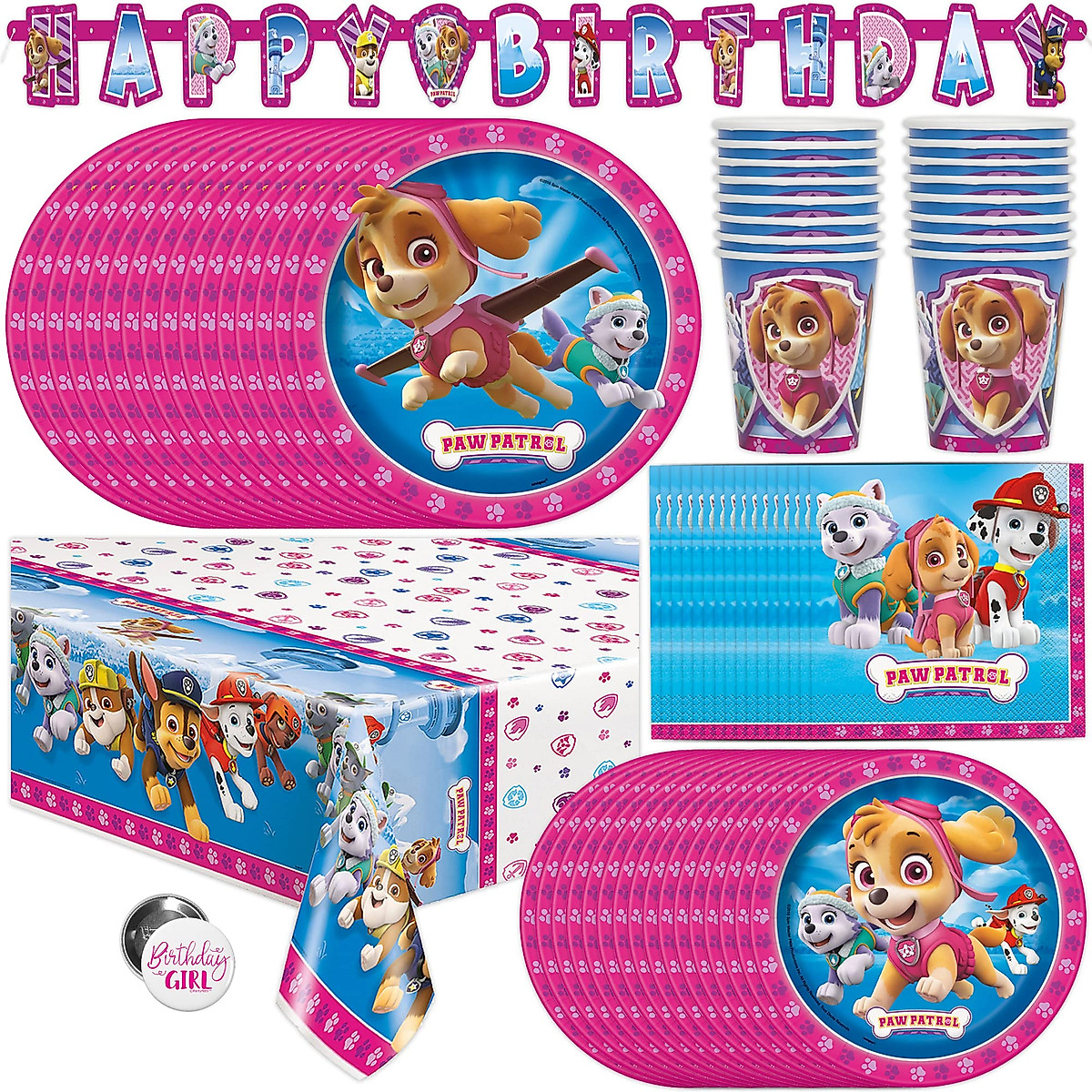 Pink Skye Paw Patrol Party Supplies and Decorations for Girls Birthday Party, Features Skye and Everest, Serves 16 Guests, Includes Tableware and Decor with Table Cover, Banner, Plates, Napkins & More