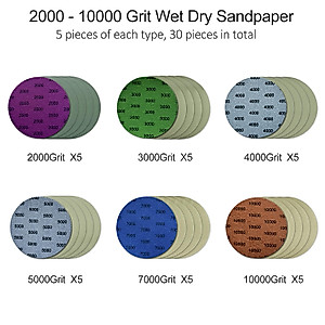 5 Inch Sanding Discs Hook and Loop, 30Pcs Wet Dry Sandpaper, 2000 3000 4000 5000 7000 10000 Grit Sandpaper, Round High Grit Sand Paper