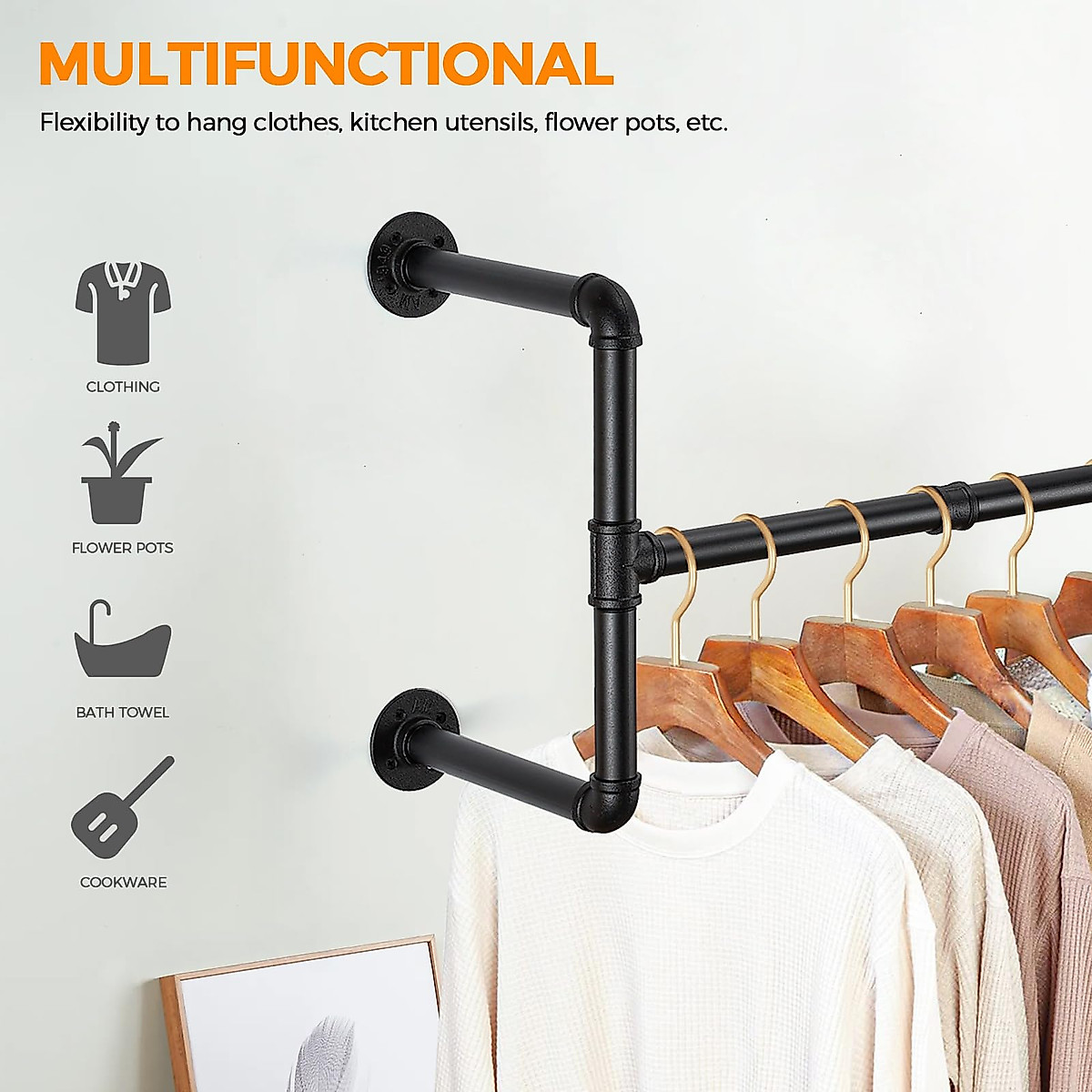 Home Expert Industrial Pipe Clothes Rack 40" Wall Mounted Wall Clothing Rack for Hanging Clothes Black Garment Rack, 1 pack
