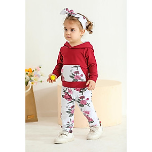 Eghunooy Baby Girl Clothes Long Sleeve Floral Hoodie Sweatshirt Pants with Pocket Headband Outfit Sets (3-6 Months) Wine Red