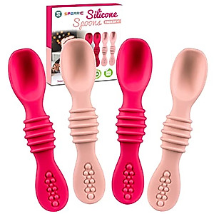 Silicone Baby Spoons for Baby Led Weaning 4-Pack, First Stage Baby Feeding Spoon Set Gum Friendly BPA Lead Phthalate and Plastic Free, Great Gift Set (Pink)
