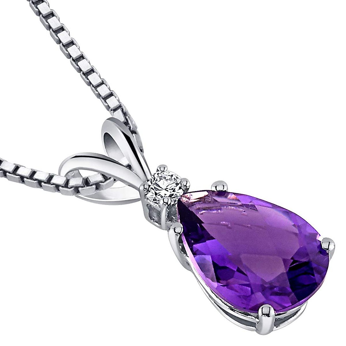 PEORA 14K White Gold Amethyst and Diamond Pendant for Women, Genuine Gemstone Birthstone Teardrop Solitaire, 1.60 Carats Pear Shape 10x7mm