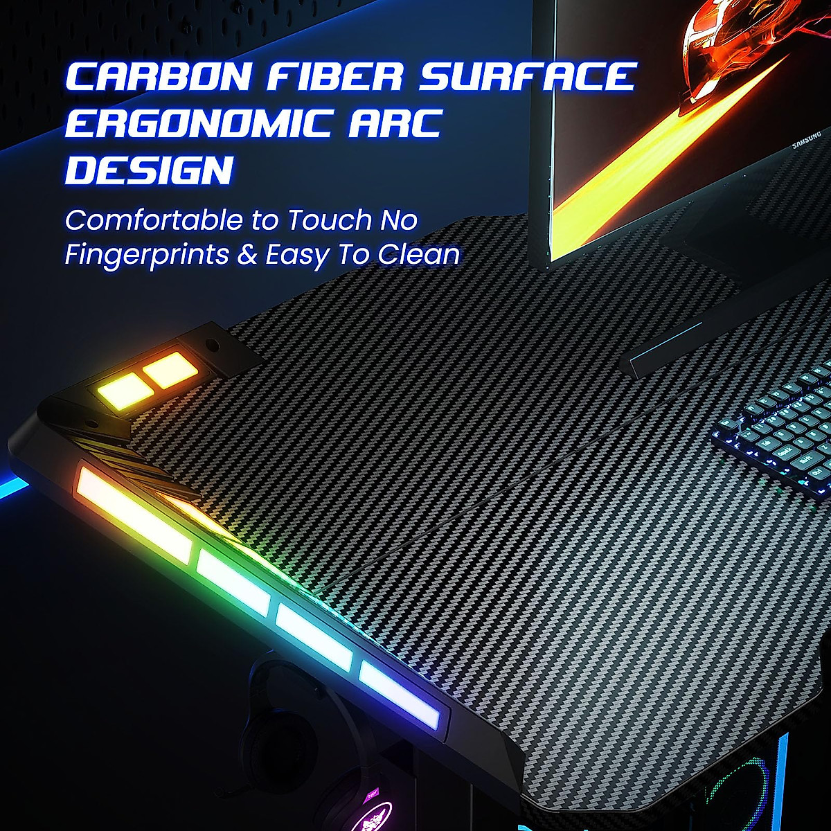 Gaming Desk with LED Lights & APP Control, 48" x 24" Gaming Table with Music Sensing, Underdesk Cable Storage Electric Standing Desk, Black Carbon Fiber PC Desk for Gaming and Home Office