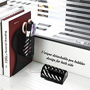 Adromy Adjustable Bookends, Book Holder, Metal Desktop Organizer Storage Rack Expandable Display Bookshelf with Pen Holder for Kid Child Student Home School Office Library - Black