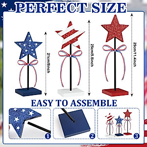 Labor Day Tiered Tray Decor Wooden Star Set, 3 Pcs Veterans Day Table Decorations, Rustic Patriotic Tabletop Home Decor, Red White and Blue Decorations for Celebration Home (Shiny)