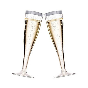 BloominGoods 50 Plastic Silver Glitter Champagne Flutes | 7 oz. Clear Hard Disposable Party & Wedding Glass | Premium Heavy Duty Fancy Cup (50-Pack)
