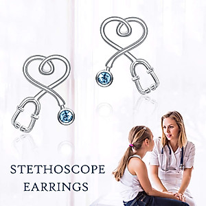 Stethoscope Earrings 925 Sterling Silver Heart Studs Earrings 12 Months Birthstone Crystals from Austria, Graduation Jewelry Gifts for Nurse Doctor RN Medical Student
