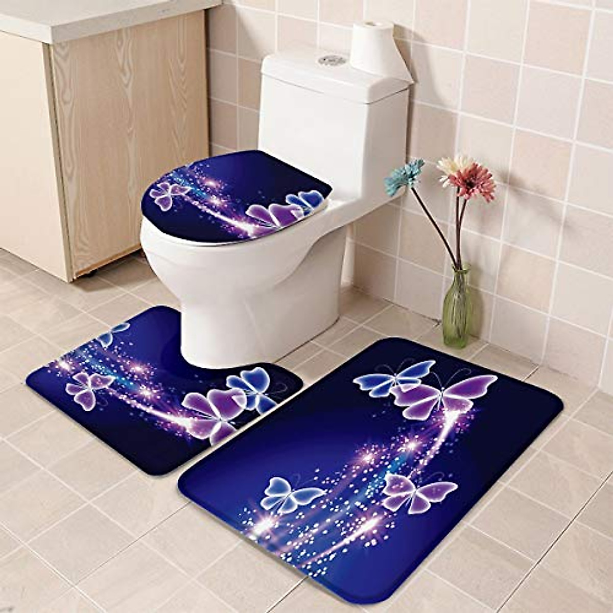 Libaoge Bathroom Mat Sets 3 Piece/Set Rugs Purple Dreamlike Bath Mat, Gorgeous Butterfly Flying Memory Foam Mat Set Matches Anti-Skid Toilet Seat Cover Bath Mat Lid Cover 18"x30"+14"x18"+15"x18"