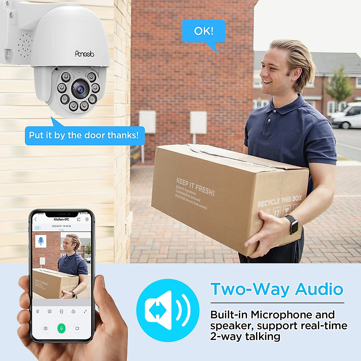 PANOOB 6MP PTZ Outdoor Camera, 355° Pan 90° Tilt 5X Optical Zoom PoE IP Security Cams, AI Human Vehicle Detection, 2.7-13.5mm Lens, 328ftIR Night Vision, Two Way Talk, Support 256GB SDCard, PT16A-6MZ