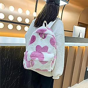 Tomato City Fuzzy Backpack Fluffy School Shoulder Bag Purse Pink Heart Pattern (Pink Heart,Faux Fur) Medium