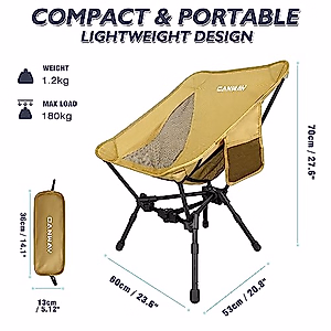 CANWAY Portable Camping Chair, Ultra-Compact and Lightweight Folding Chair for Camping, Beach, Picnic, Lawn Concerts, Hiking, Backpacking, Adjustable Height