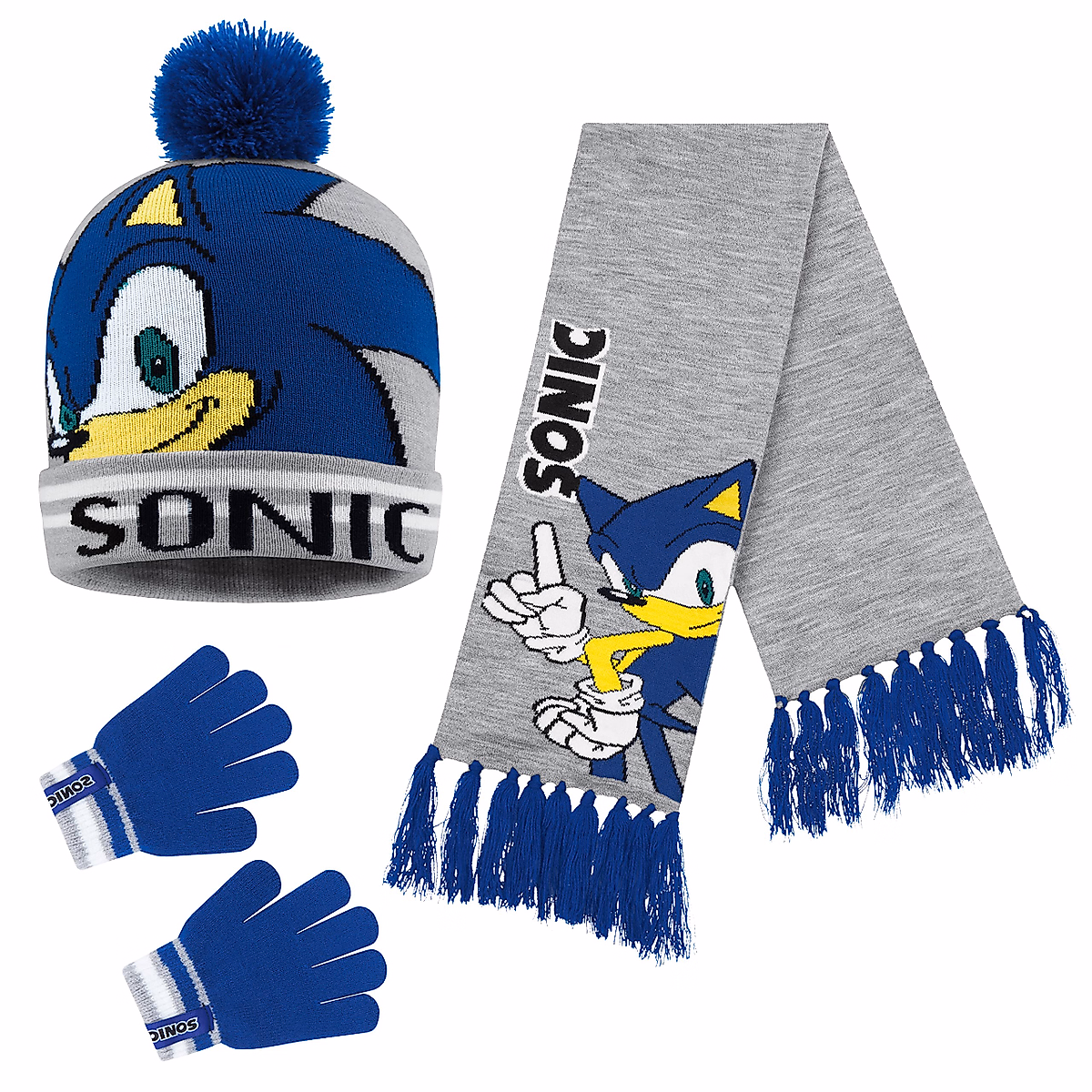Sonic The Hedgehog Beanie Hat Scarf and Gloves Set for Boys (Multicolour- 3 Pieces)