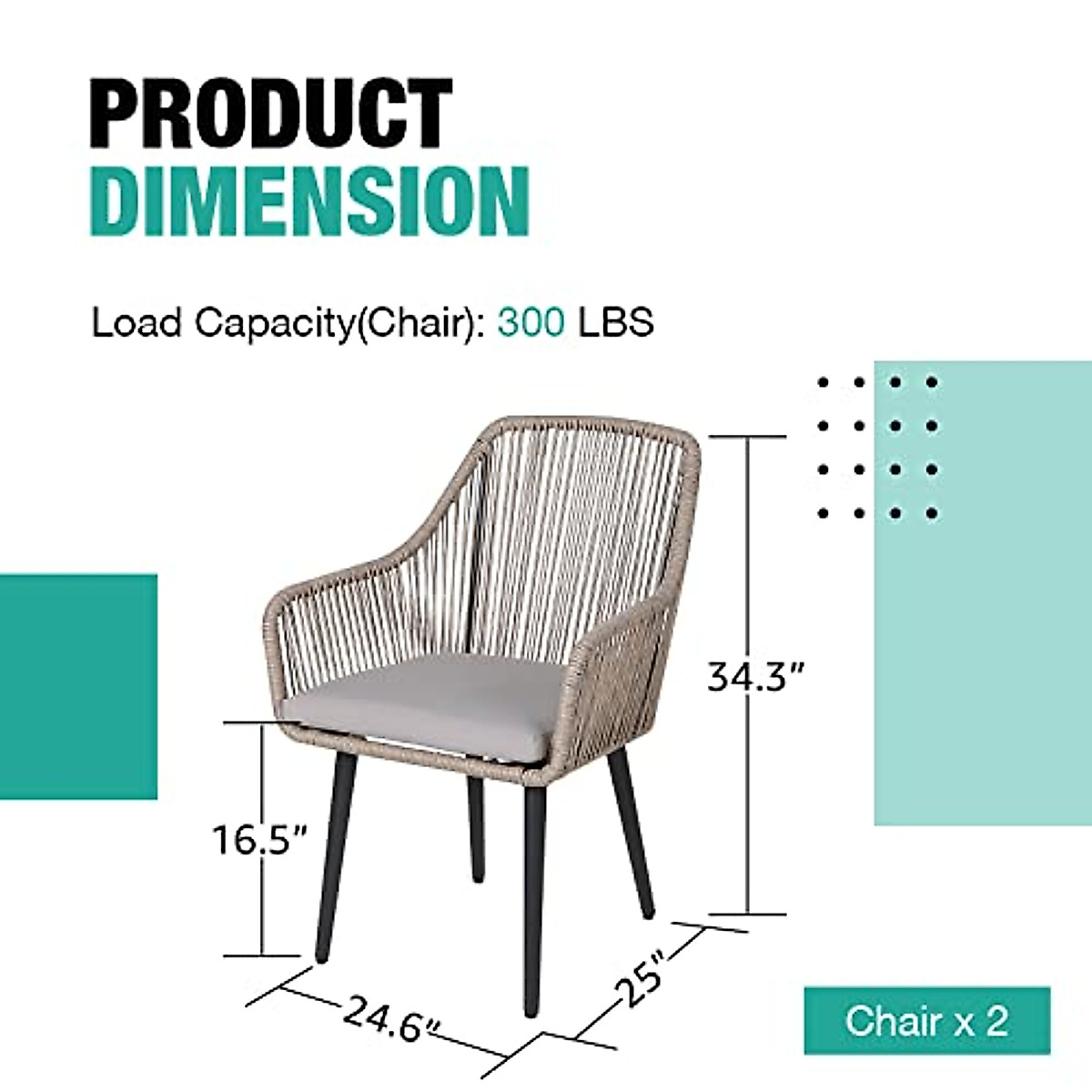 Patiorama Outdoor Dining Chairs, Patio Dining Chair Set of 2, All-Weather Woven Rope Rattan Wicker Chairs, Patio Club Chairs, Outside Chair Seating with Arms and Cushions for Lawn Backyard Pool(Tan)