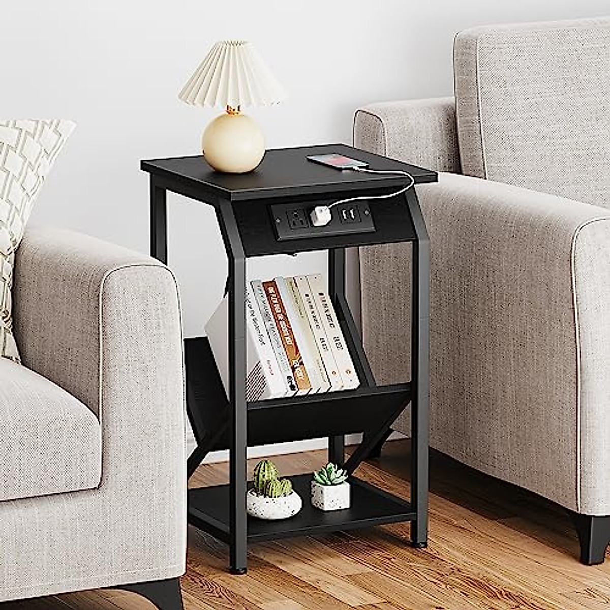 IDEALHOUSE End Table with Charging Station, Black Side Table with USB Ports and Outlet in Living Room & Bedroom, Wooden Sturdy Couch Bedside Small Bookcase