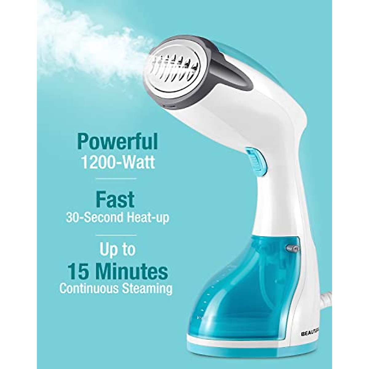 BEAUTURAL Steamer for Clothes, Portable Handheld Garment Fabric Wrinkles Remover, 30-Second Fast Heat-up, Auto-Off, Large Detachable Water Tank